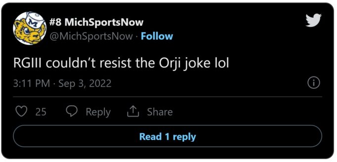 RGIII's 'Orgy (Orji) in End Zone' Joke During Michigan vs Colorado ...